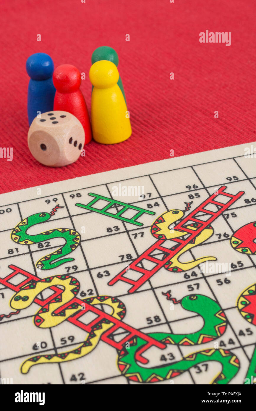 Close-up of small Snakes and Ladders game / board game For climbing ...