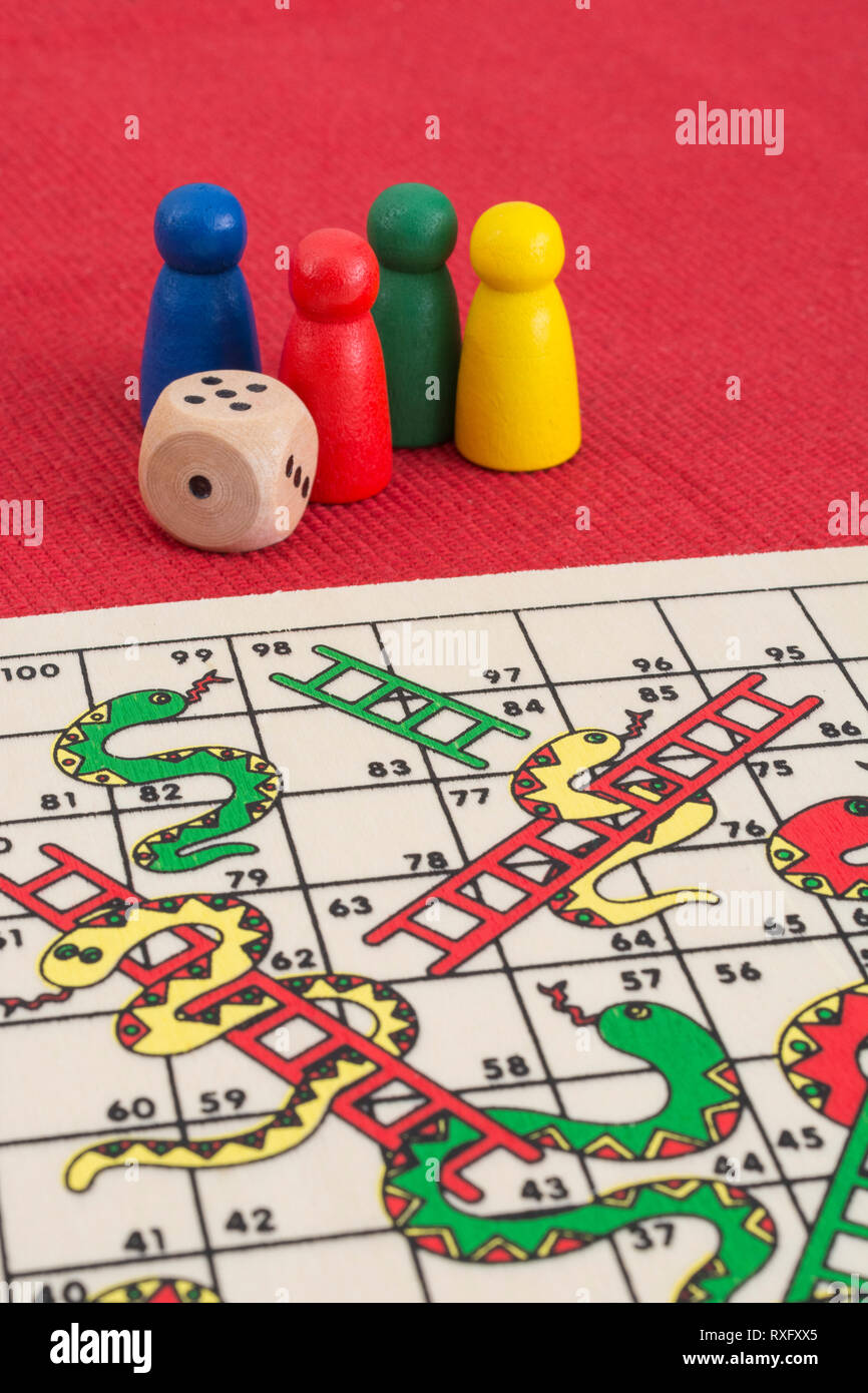 Close-up of small Snakes and Ladders game / board game For climbing ...