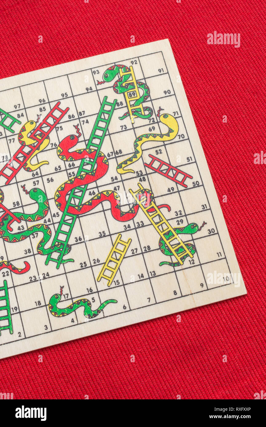 Close-up of small Snakes and Ladders game / board game For climbing ...