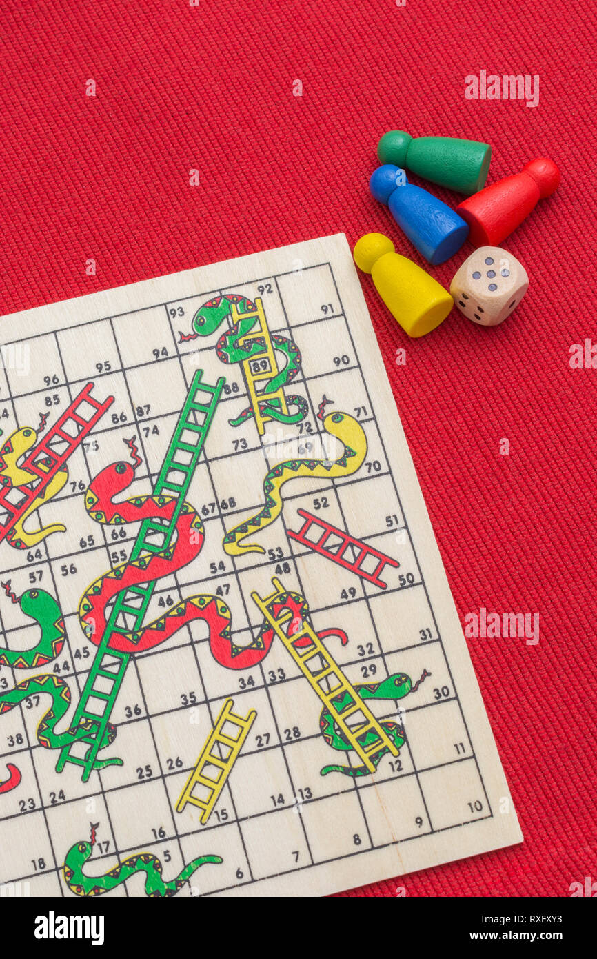 Close-up of small Snakes and Ladders game / board game For climbing ...