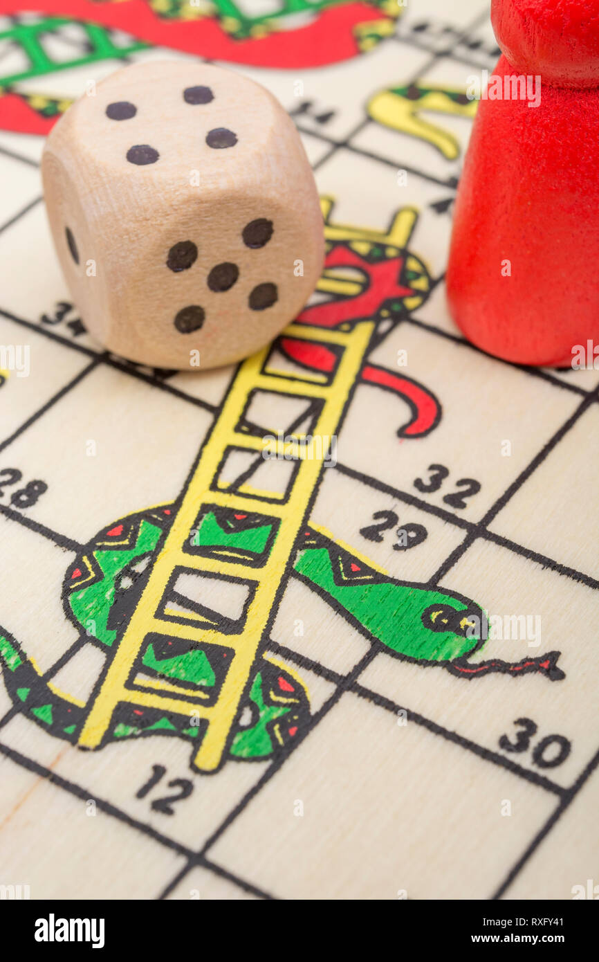 Close-up of small Snakes and Ladders game / board game For climbing ...