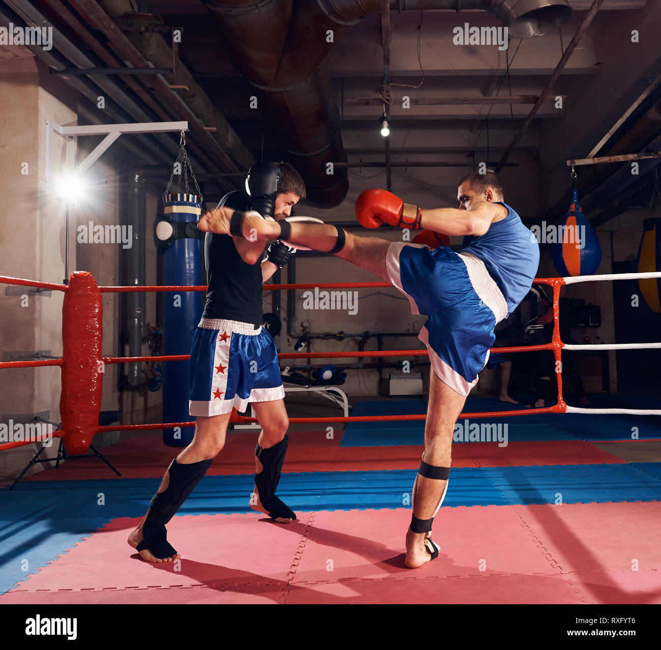Two active men fighters exercising kickboxing in the ring at the health ...