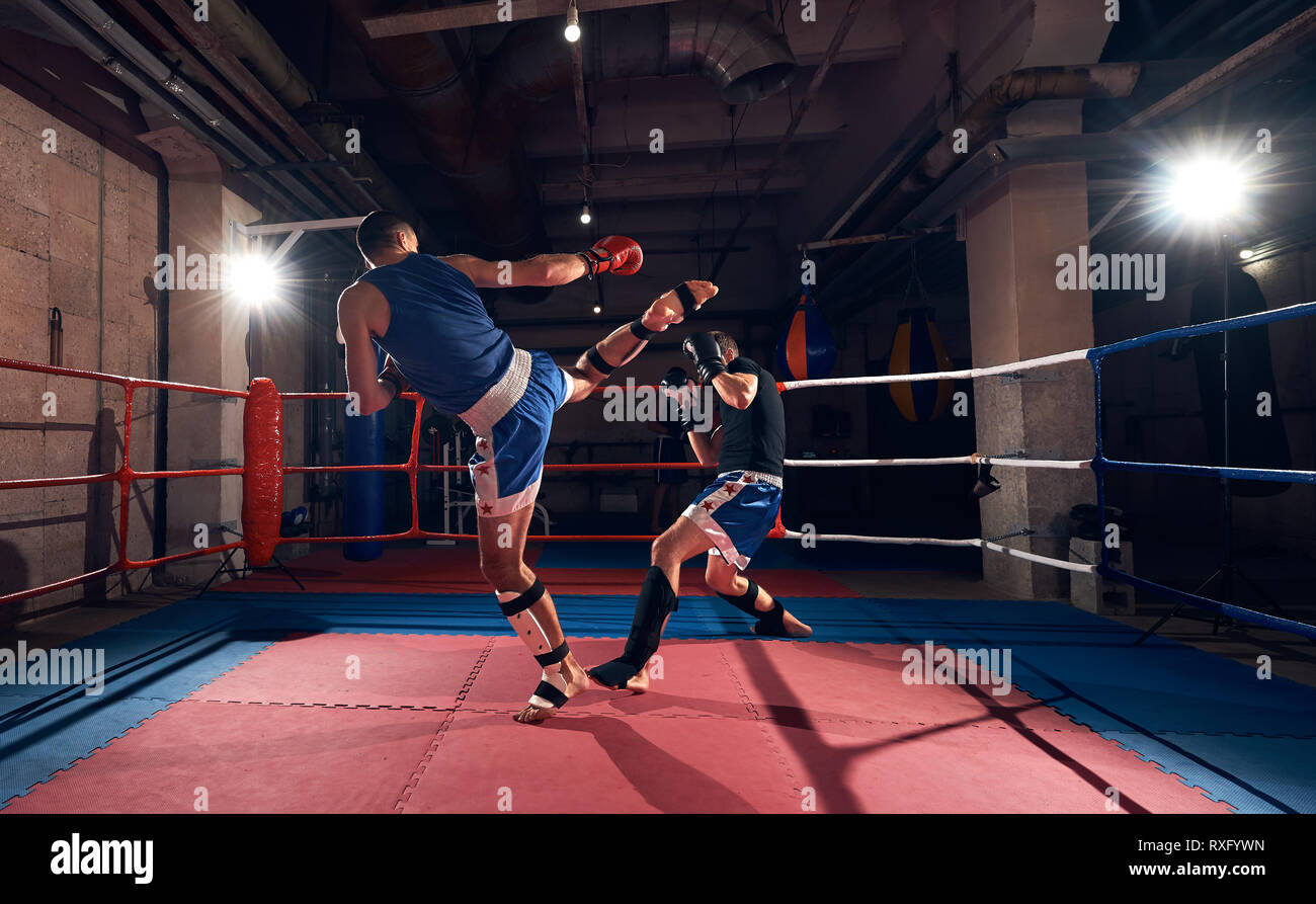 Two sportsmen kickboxers exercising kickboxing in the ring at the sport ...