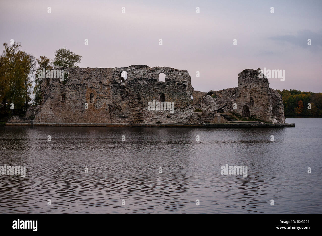 ancient stone building castle details. ruins in nature near water Stock ...