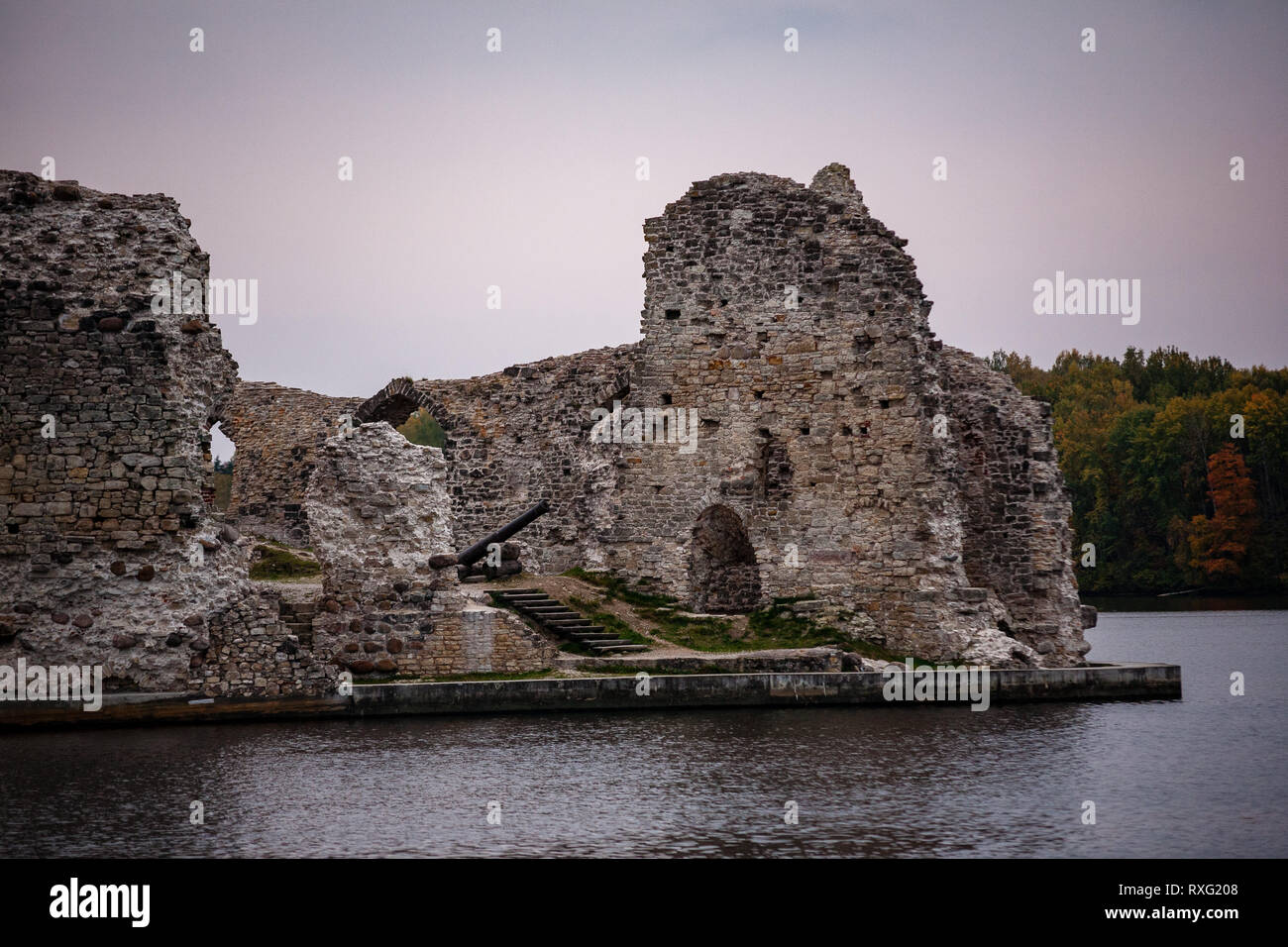 ancient stone building castle details. ruins in nature near water Stock ...