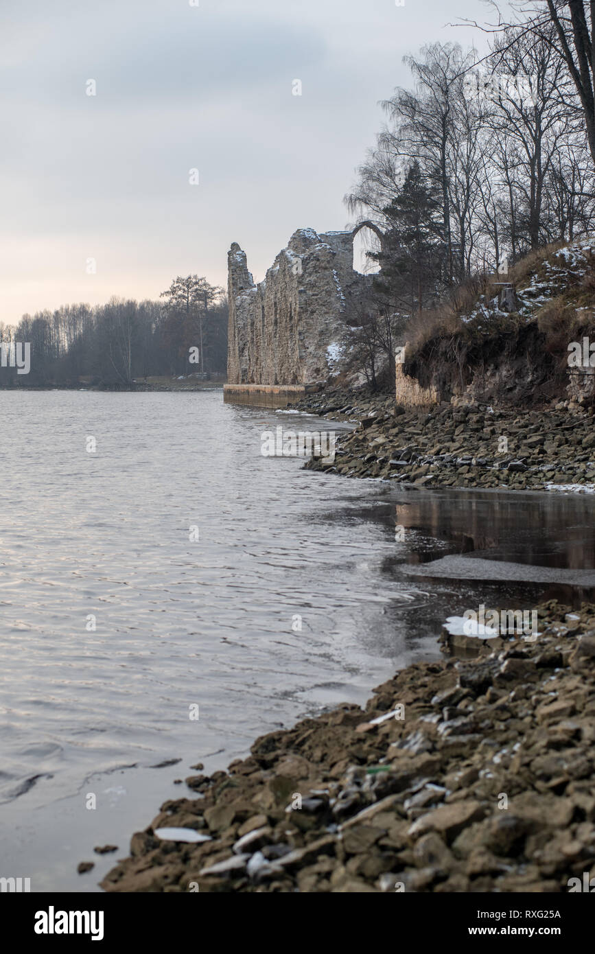 ancient stone building castle details. ruins in nature near water Stock ...
