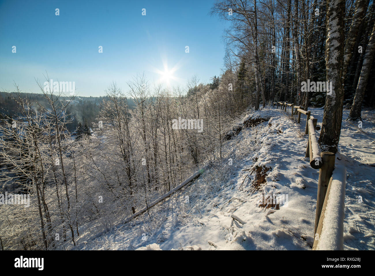 frozen winter landscape with forests and fields covered in snow in ...