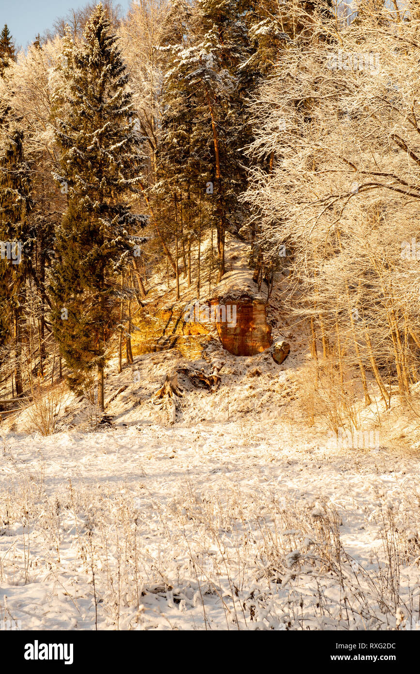 frozen winter landscape with forests and fields covered in snow in ...