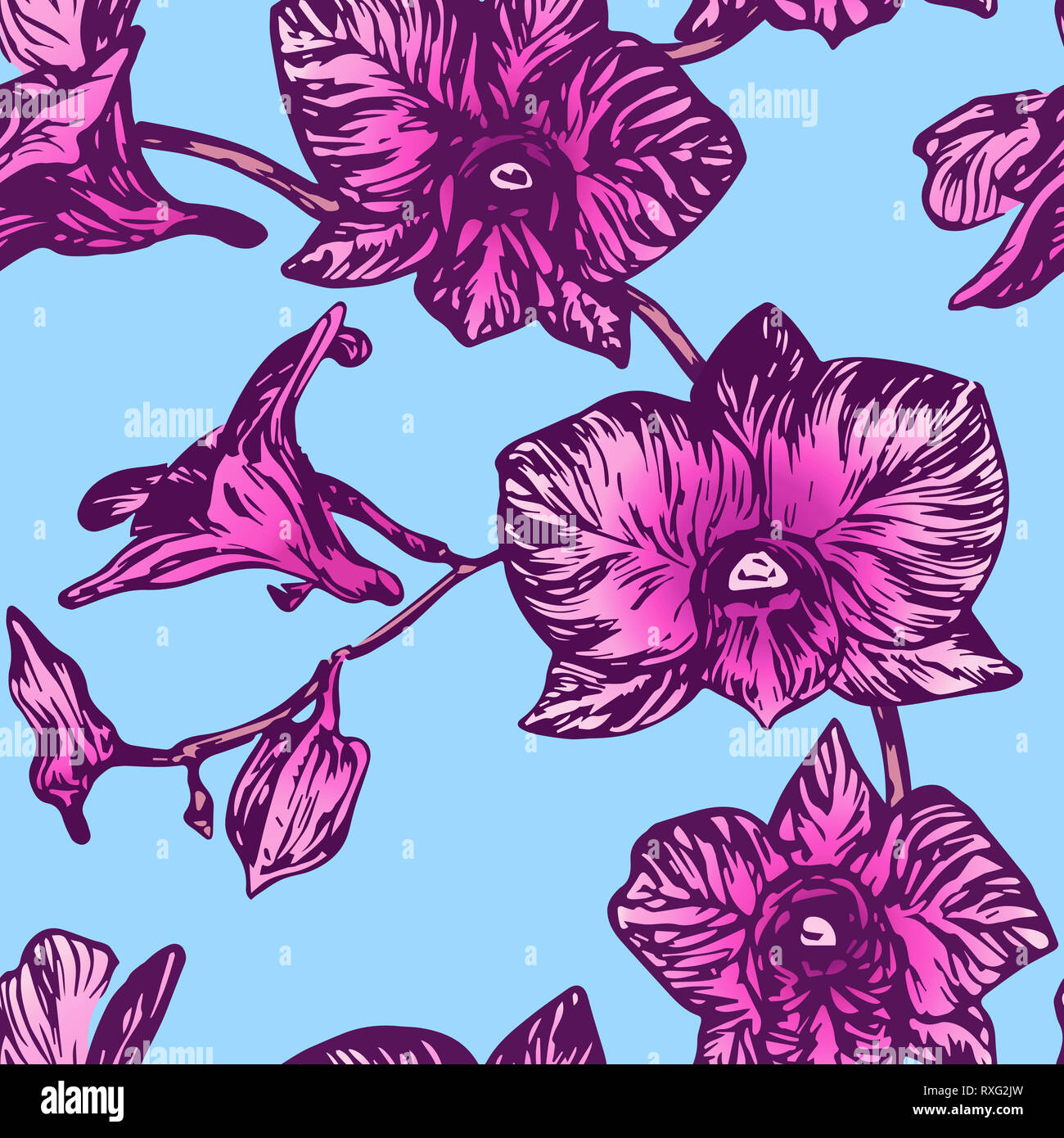 Orchid flowers, hand drawn doodle, sketch in pop art style, seamless ...
