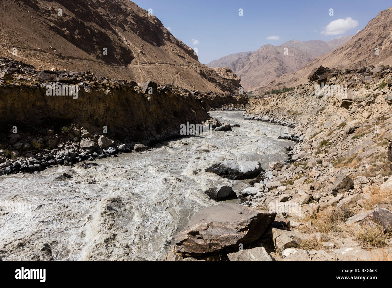 Border river Panj River in Wakhan valley with Tajikistan right and ...
