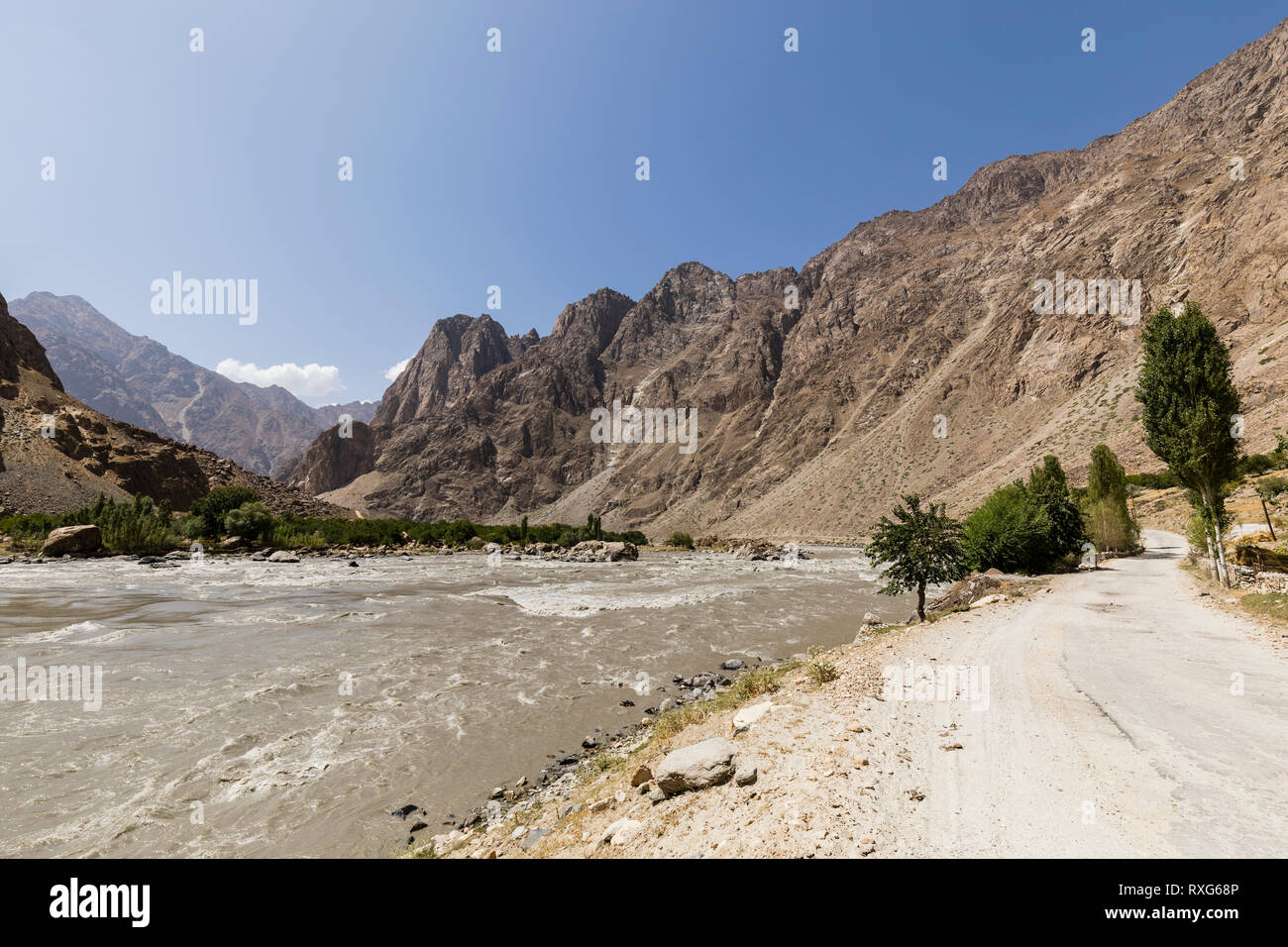 Border river Panj River in Wakhan valley with Tajikistan right and ...