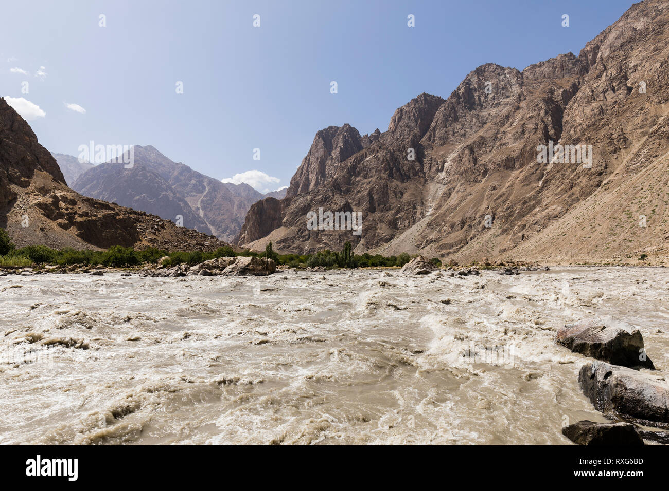 Border river Panj River in Wakhan valley with Tajikistan right and ...