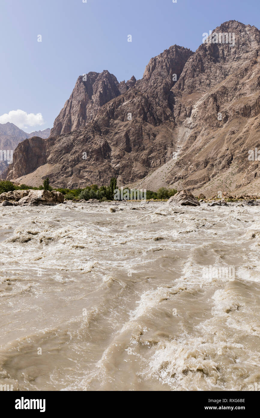 Border river Panj River in Wakhan valley with Tajikistan right and ...