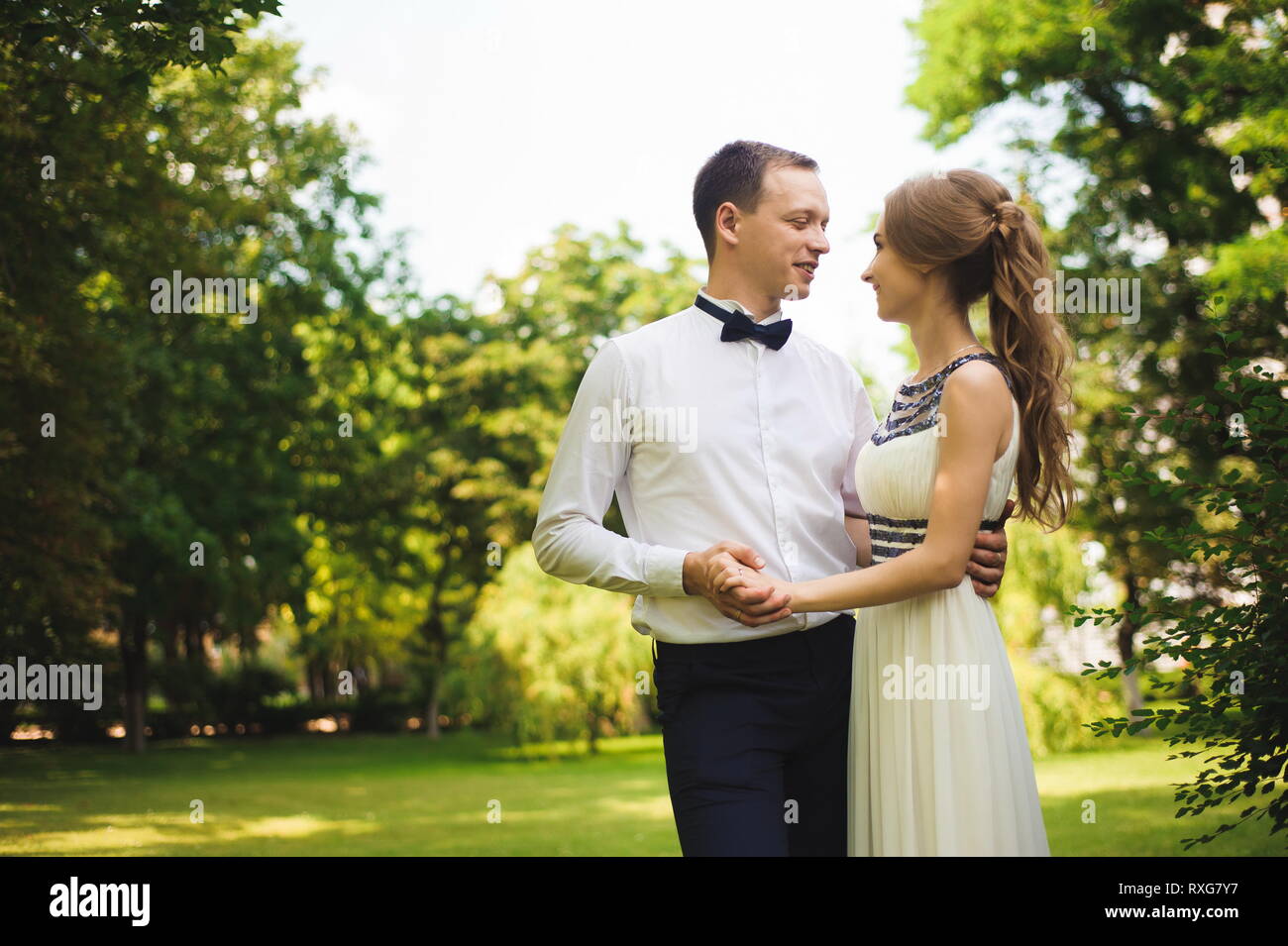 Wedding day. bride and groom outdoor in nature location. Wedding couple ...
