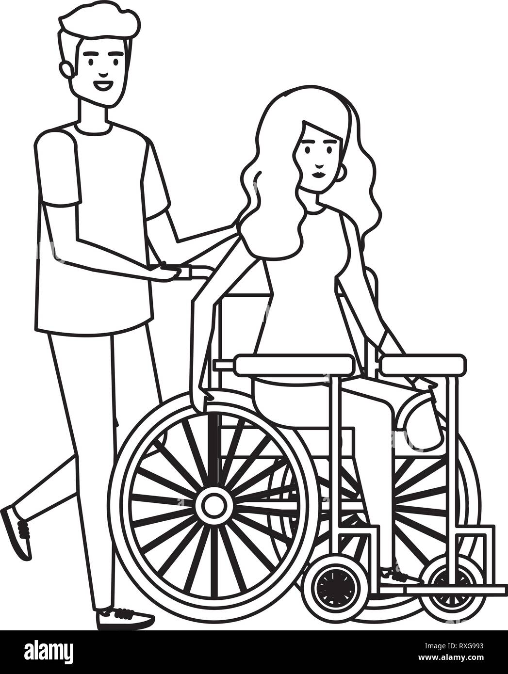 young woman in wheelchair with male helper Stock Vector Image & Art - Alamy