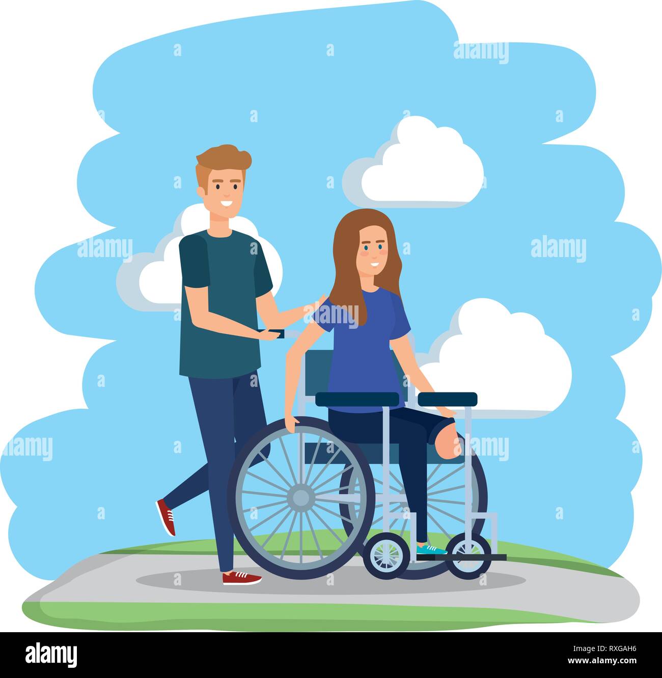 young woman in wheelchair with male helper Stock Vector Image & Art - Alamy