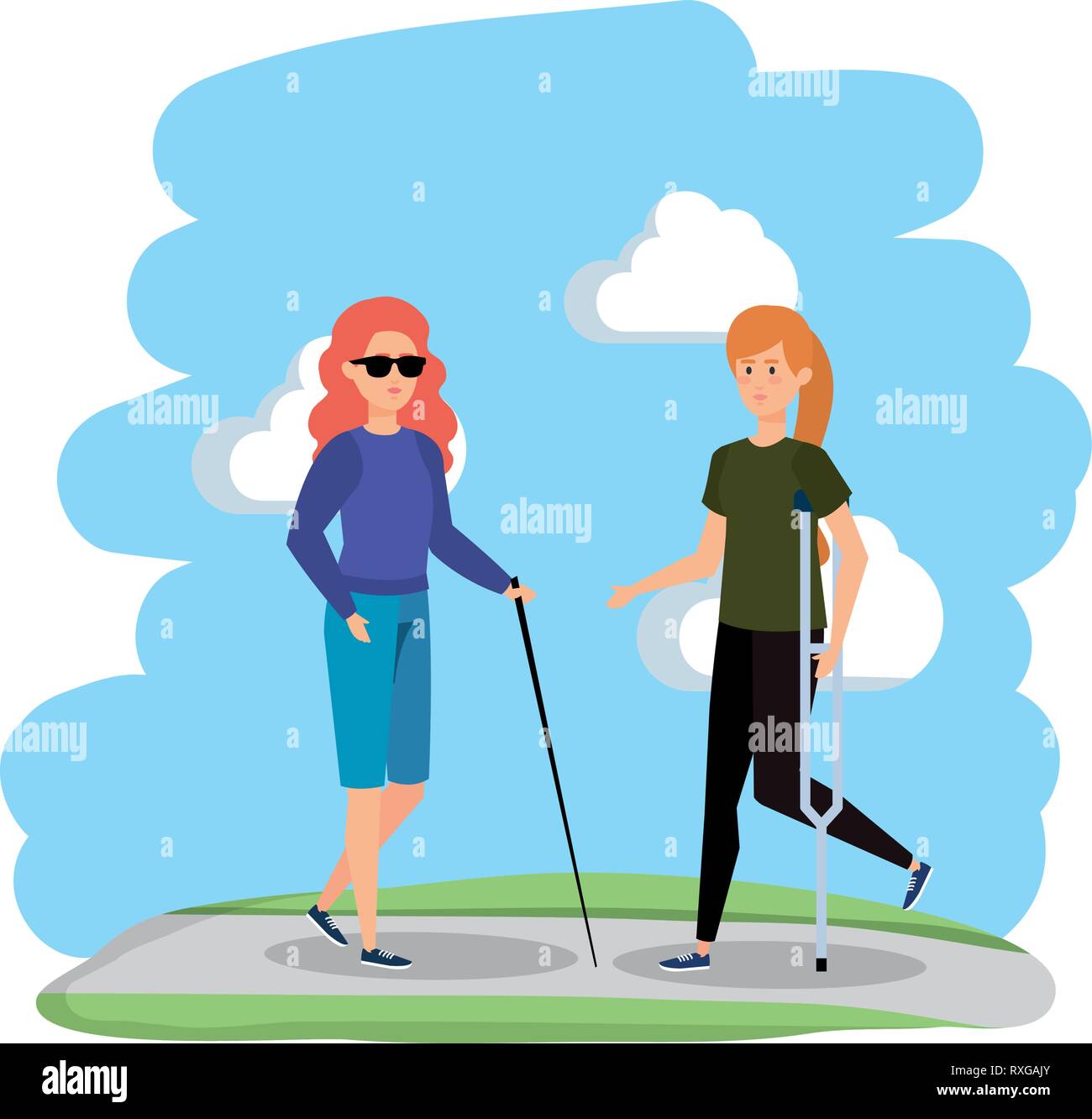 blind woman with walking stick and helper Stock Vector Image & Art - Alamy