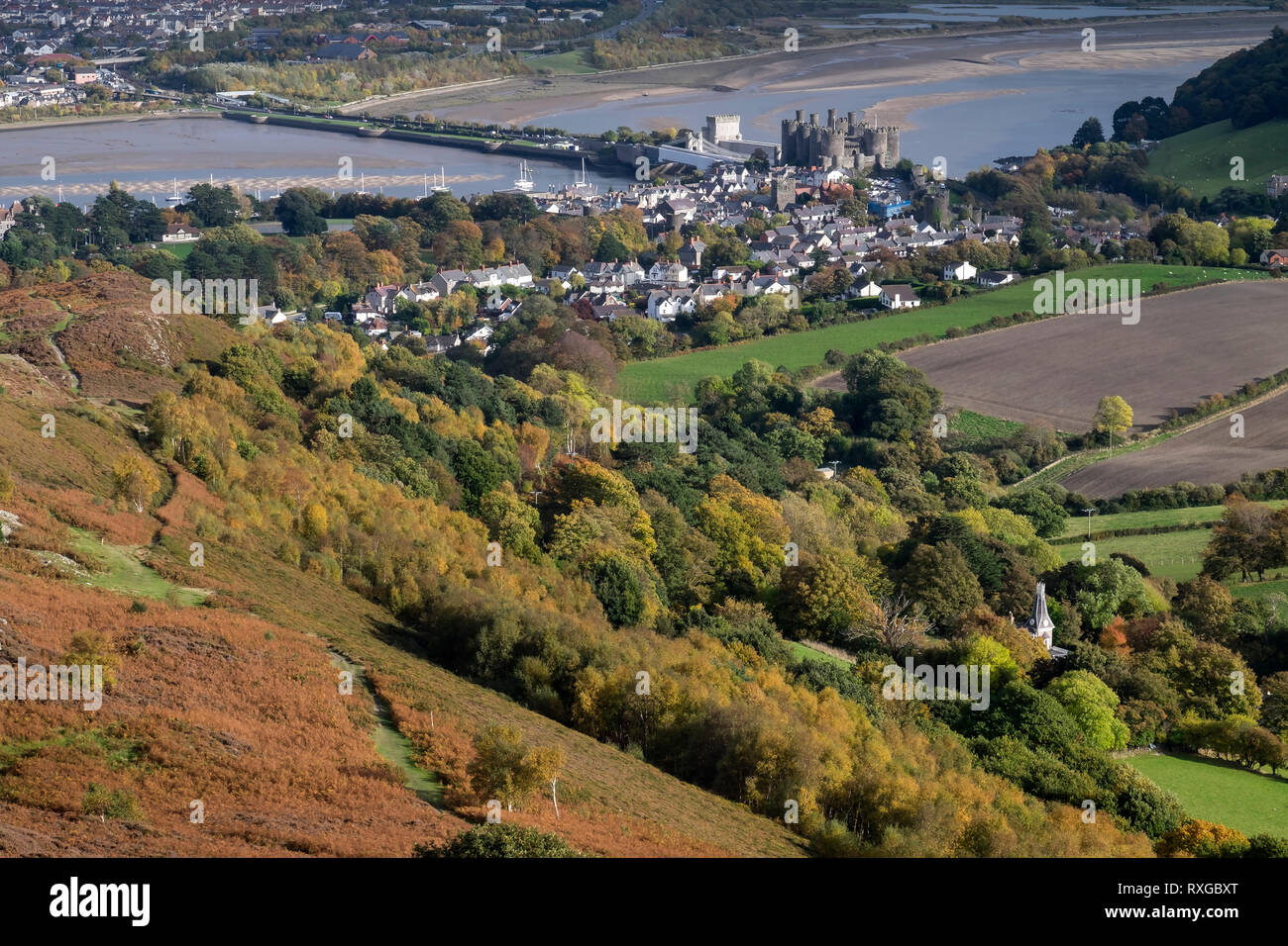Conwy Castle and Town from Conwy Mountain, Conwy County Borough, North ...