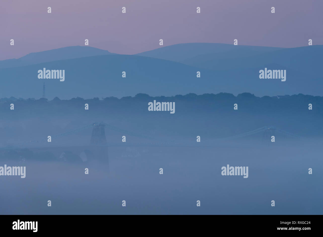 Menai in the mist, Menai Bridge at Dawn, Anglesey, North Wales, UK ...