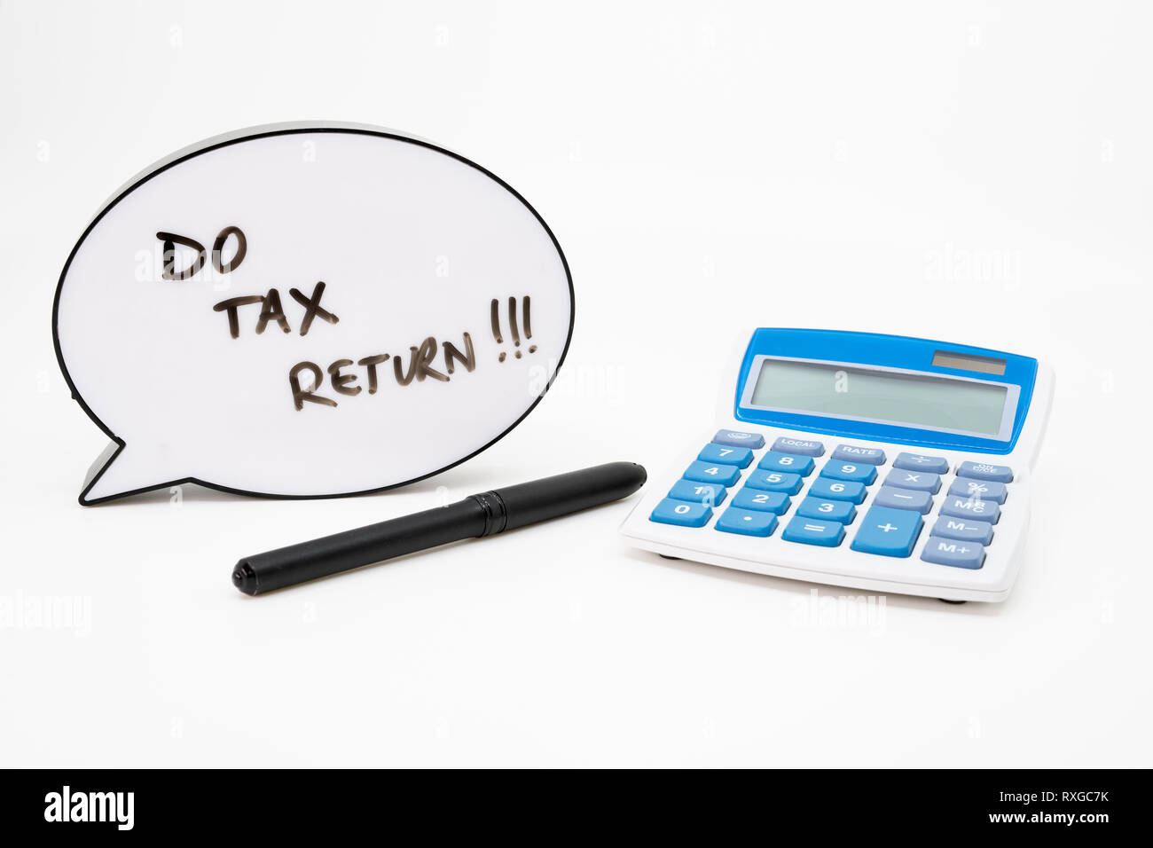 Do your tax return concept with text in speech bubble and calculator on ...