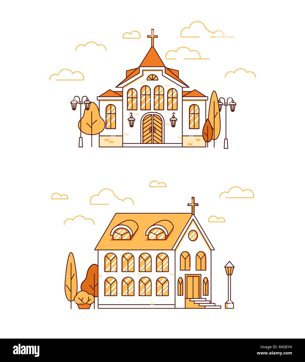 Line art set of houses, Christian churches with trees and lanterns Stock Vector Image & Art - Alamy