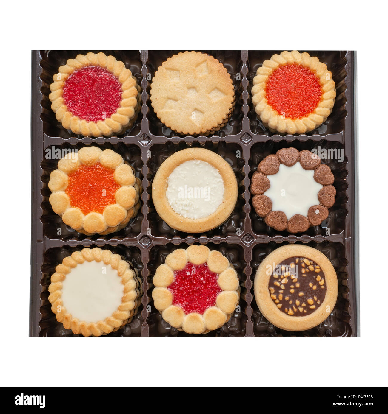 Homemade round biscuit cookies with various jelly toppings. Assorted ...