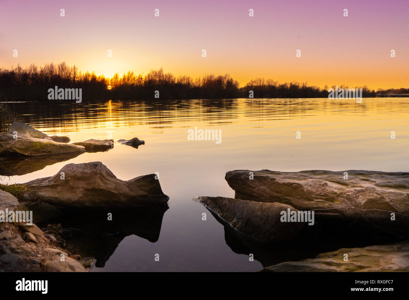 Sunset over lake Lippesee Stock Photo - Alamy