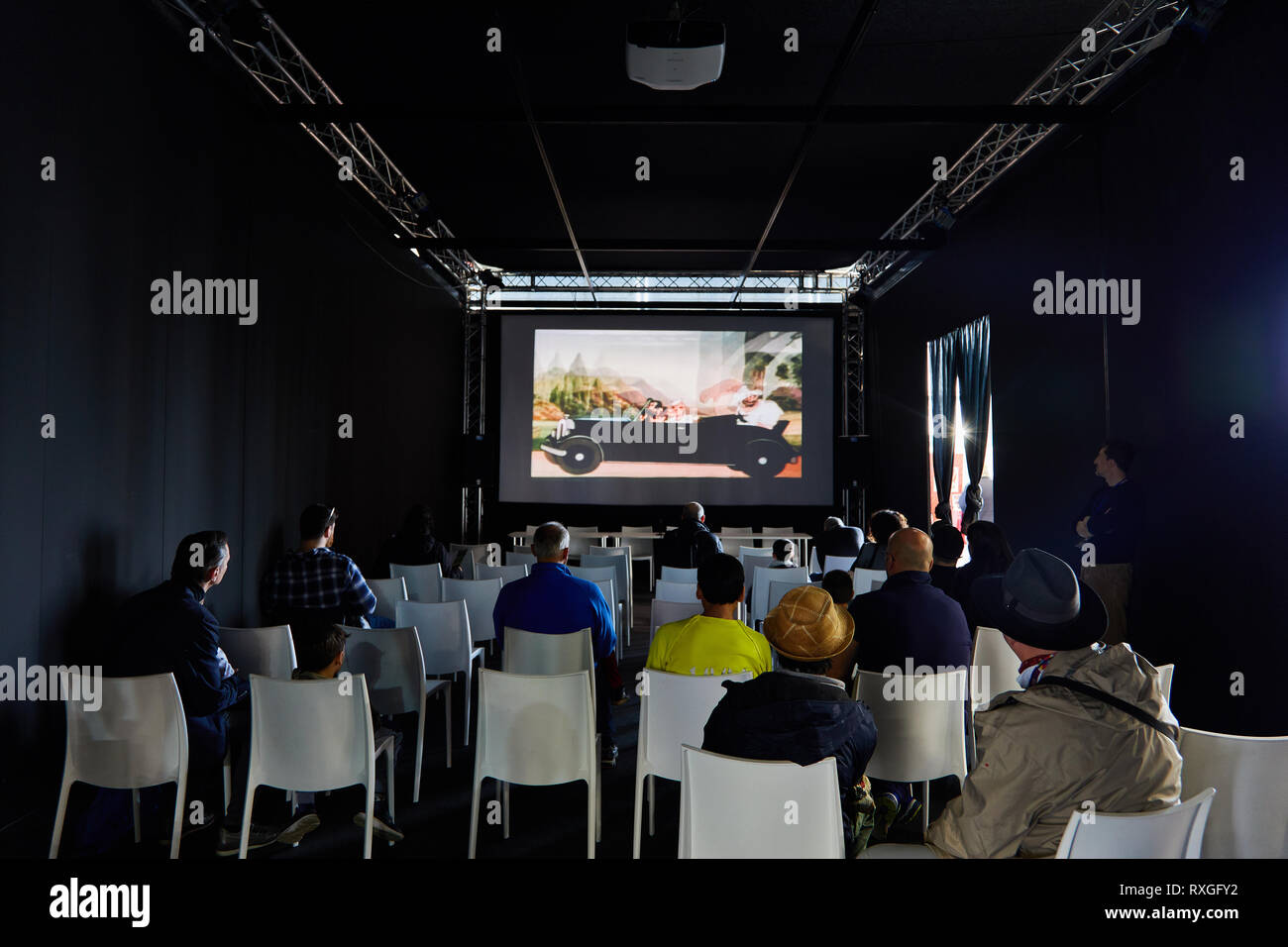 Milan, Italy - March 8 2019 Cartoomics Comic Con Projection room with ...