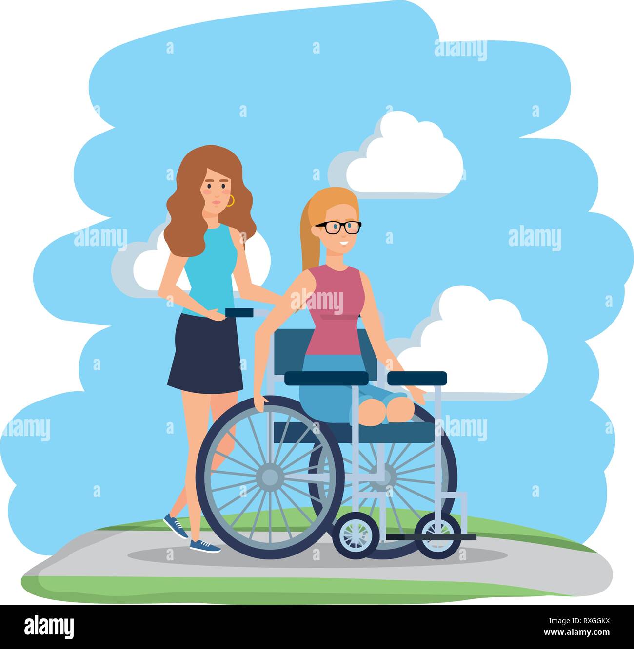 young woman in wheelchair with female helper Stock Vector Image & Art ...