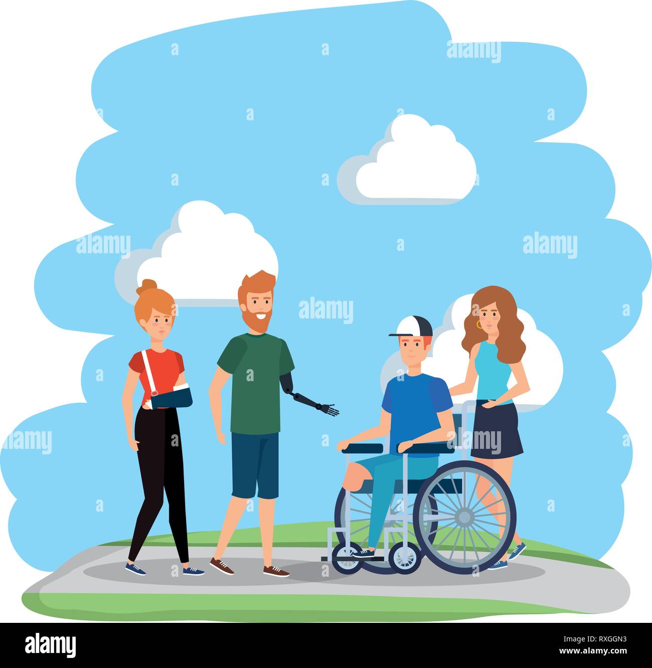 young man in wheelchair with friends in the park Stock Vector Image ...