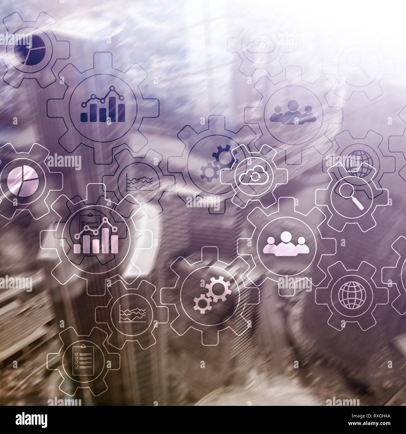 Business process abstract diagram with gears and icons. Workflow and ...