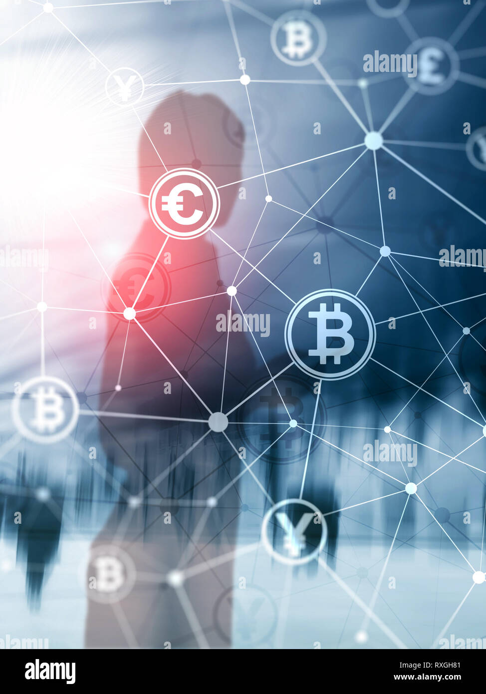 Double exposure Bitcoin and blockchain concept. Digital economy and ...