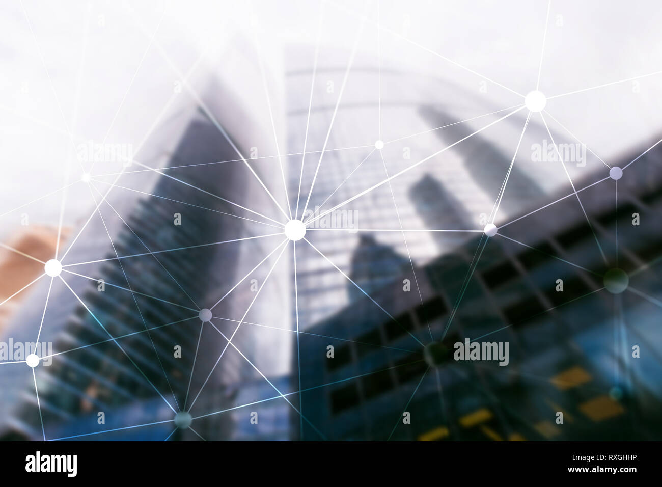 Blockchain network on blurred skyscrapers background. Financial ...