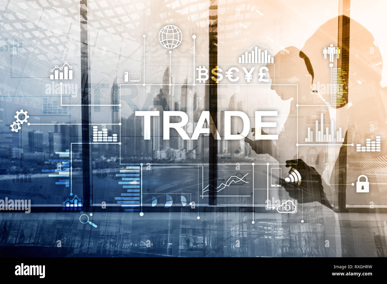 Stock trading candlestick chart and diagrams on blurred office center ...