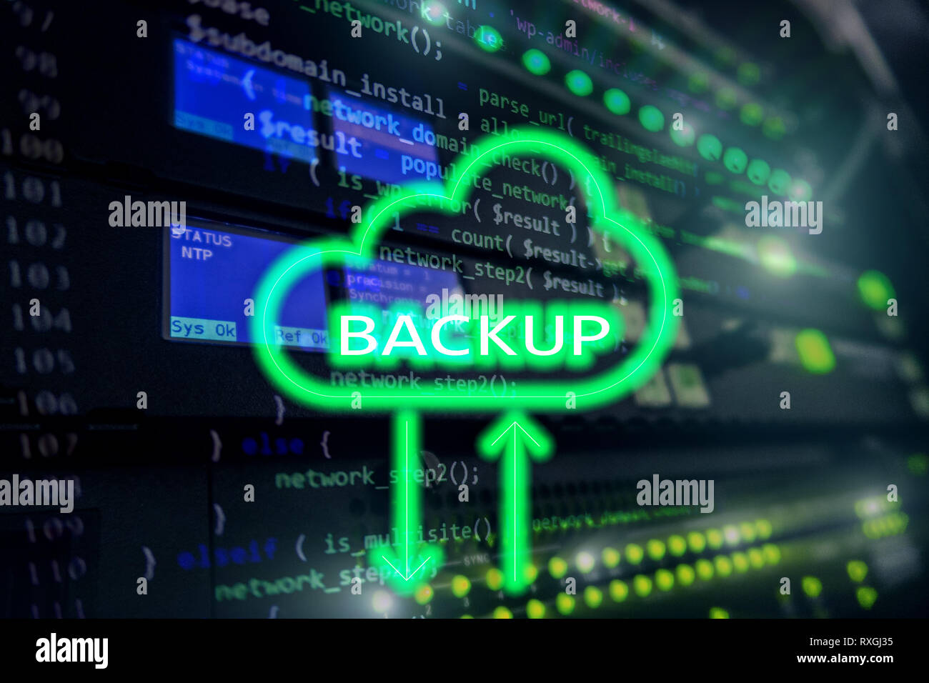 Backup button on modern server room background. Data loss prevention ...
