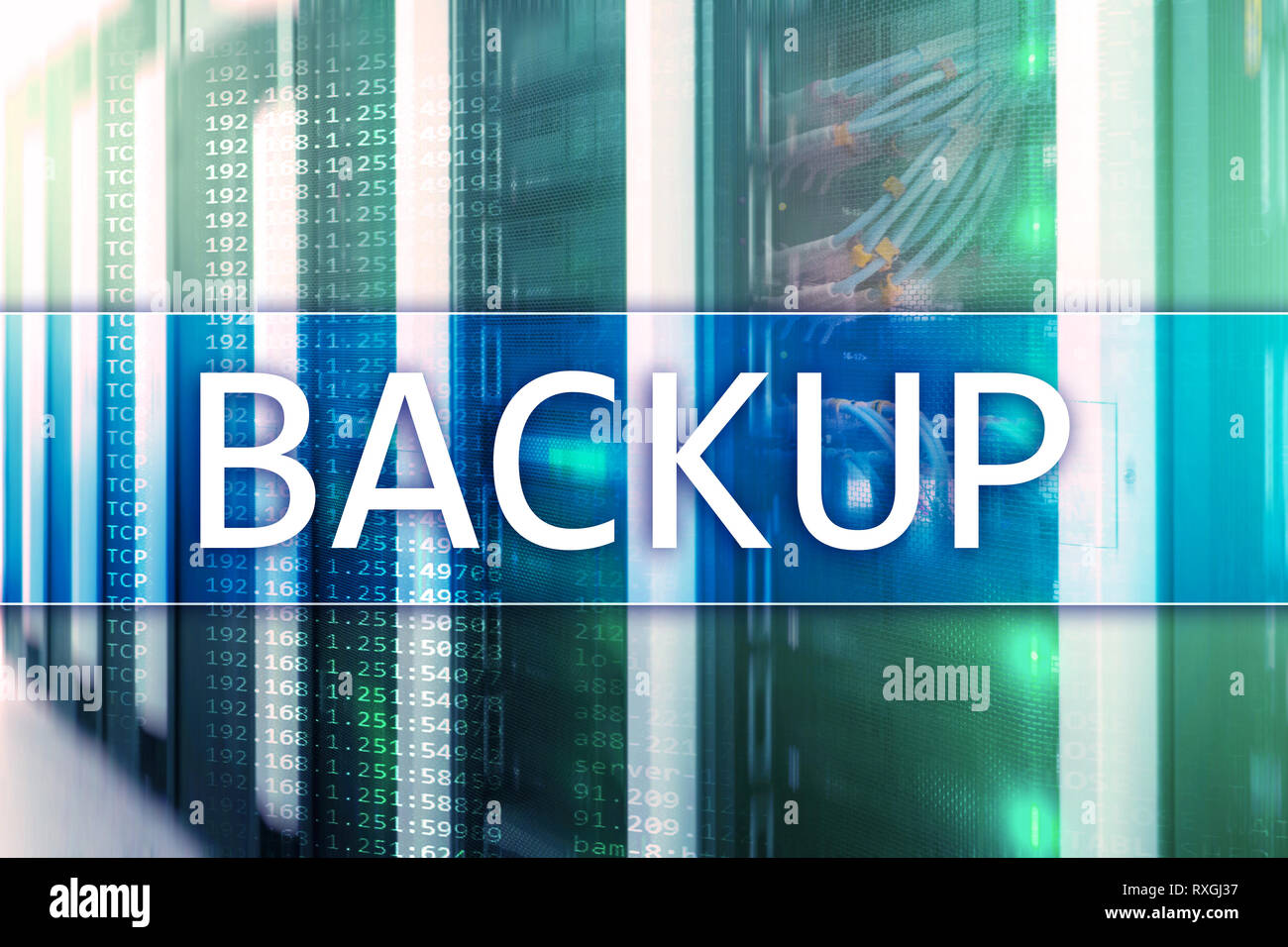 Backup button on modern server room background. Data loss prevention ...