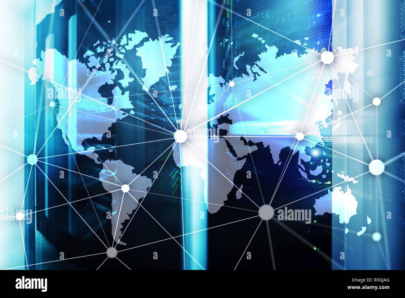 World map with communication network on server room background Stock ...