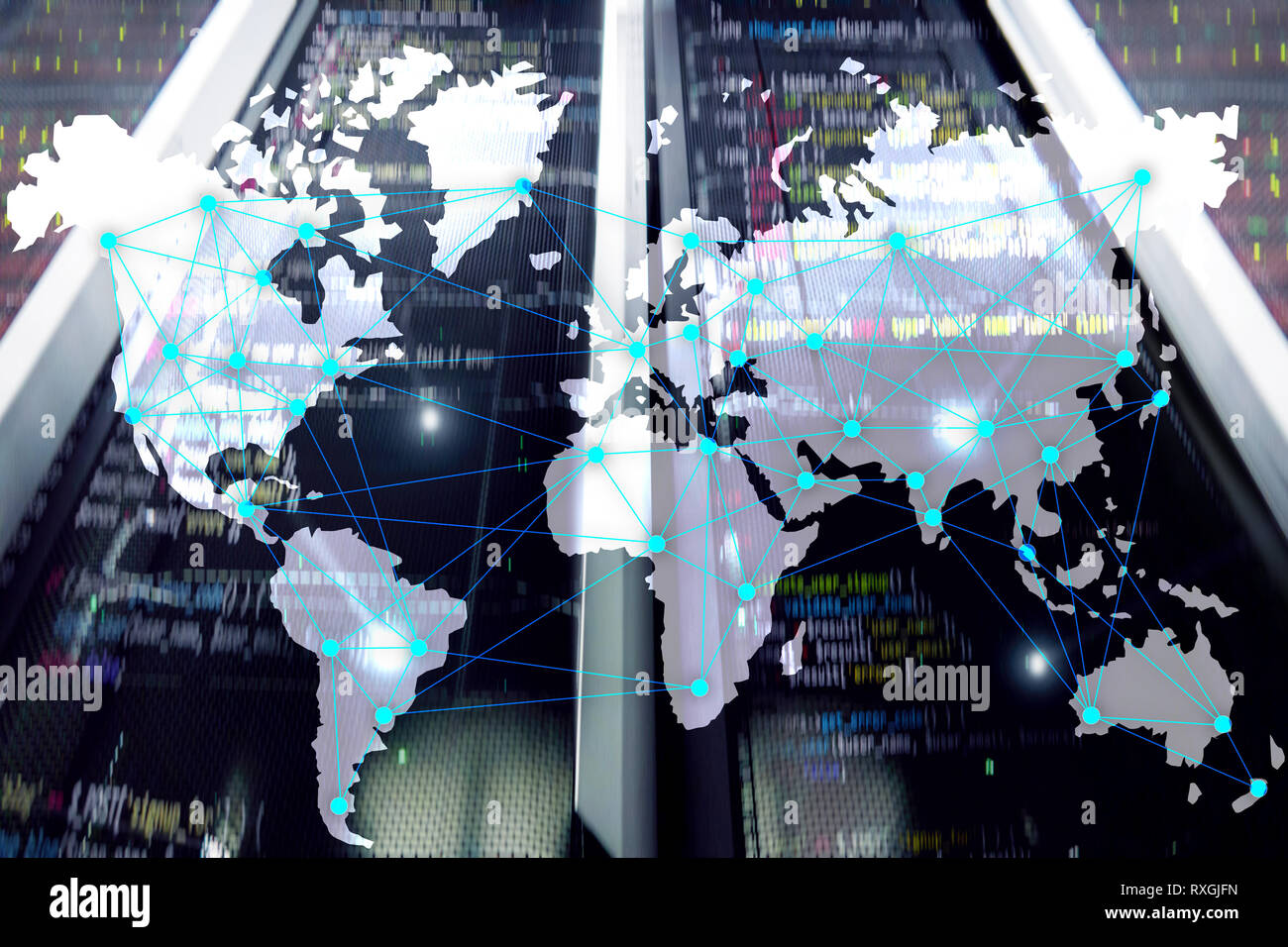 Internet and telecommunication concept with world map on server room ...