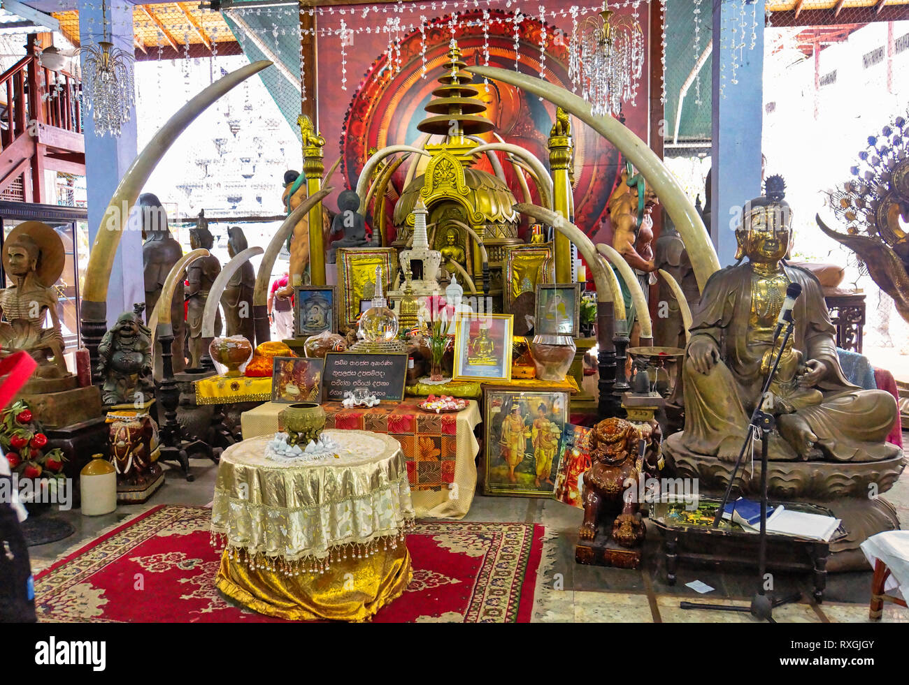 Religious objects on display in a temple. Colombia, Sri Lanka Asia ...