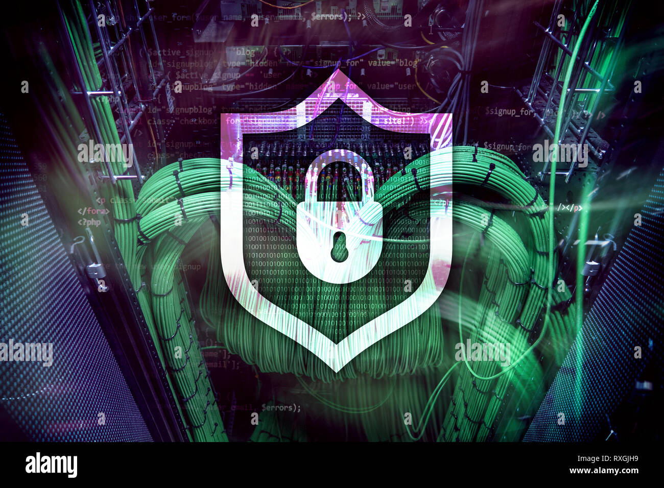 Cyber protection shield icon on server room background. Information ...
