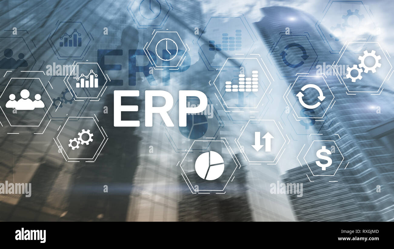 ERP system, Enterprise resource planning on blurred background. Business automation and ...