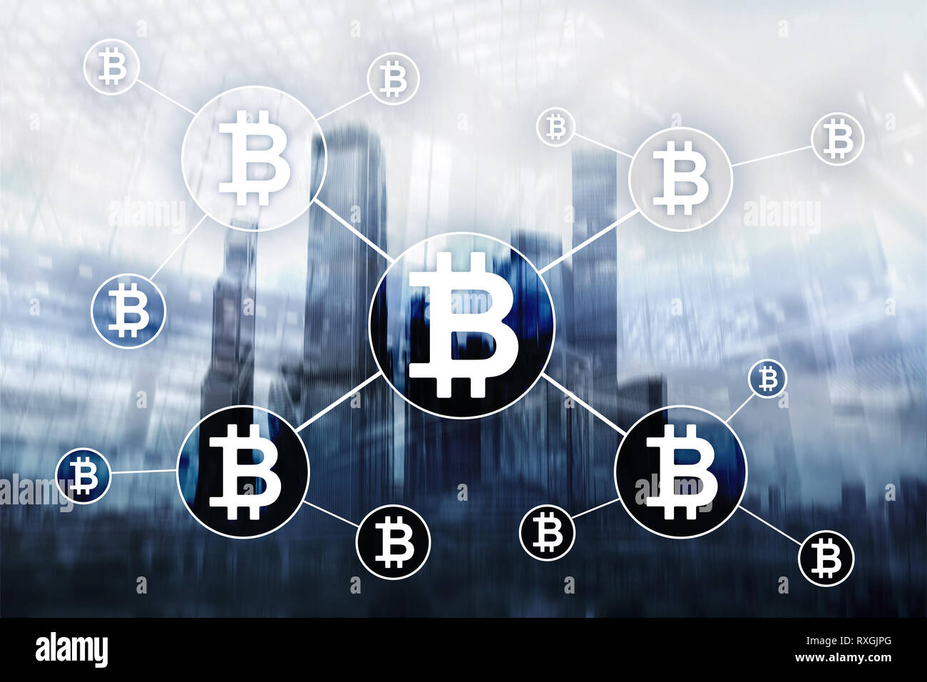Bitcoin cryptocurrency and blockchain technology concept on blurred ...