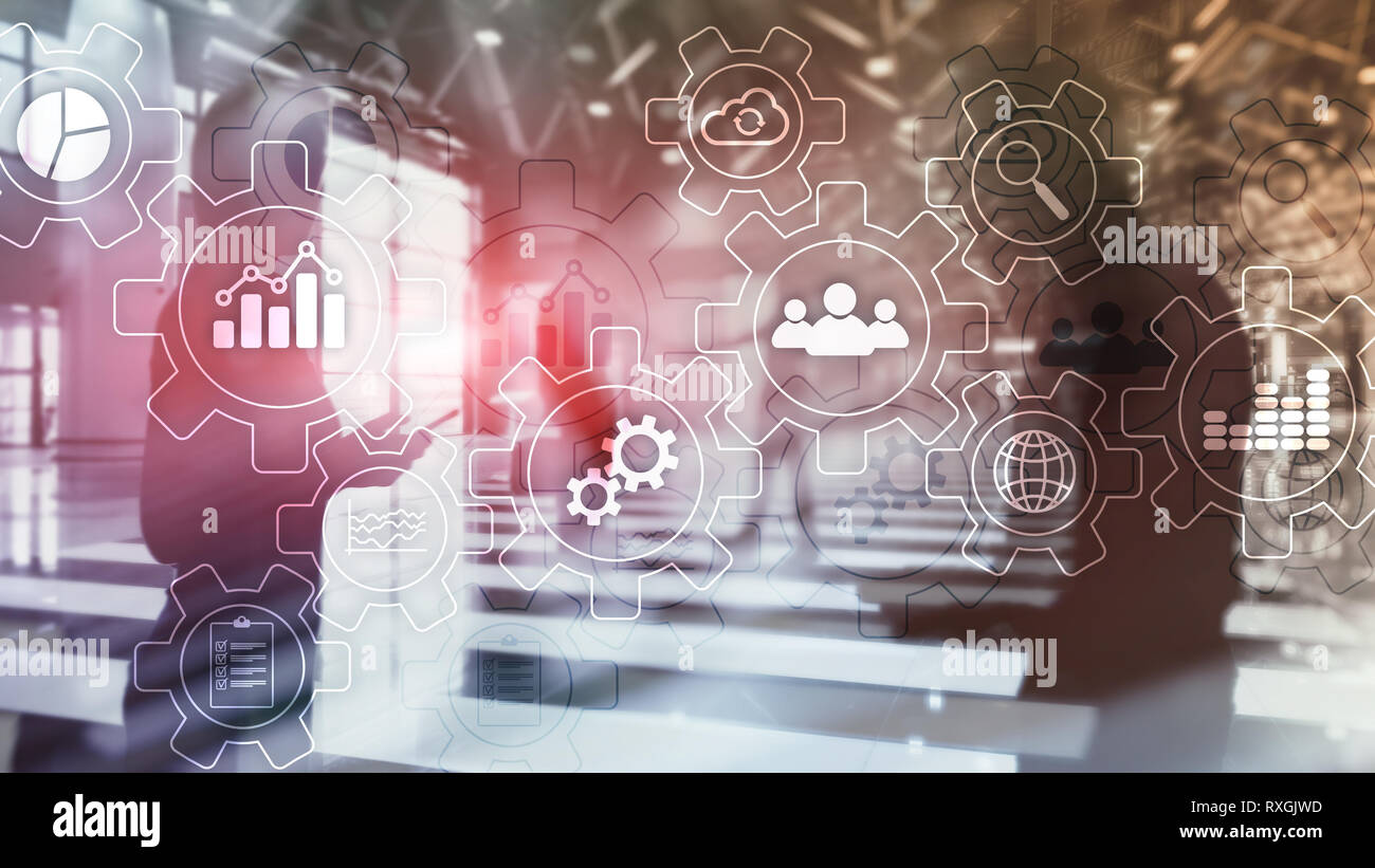 Business process abstract diagram with gears and icons. Workflow and ...