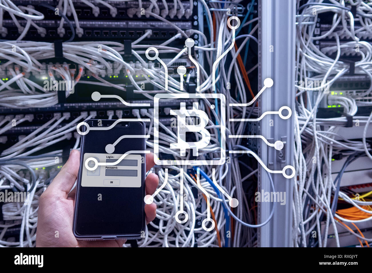 Bitcoin, Blockchain concept on server room background Stock Photo - Alamy