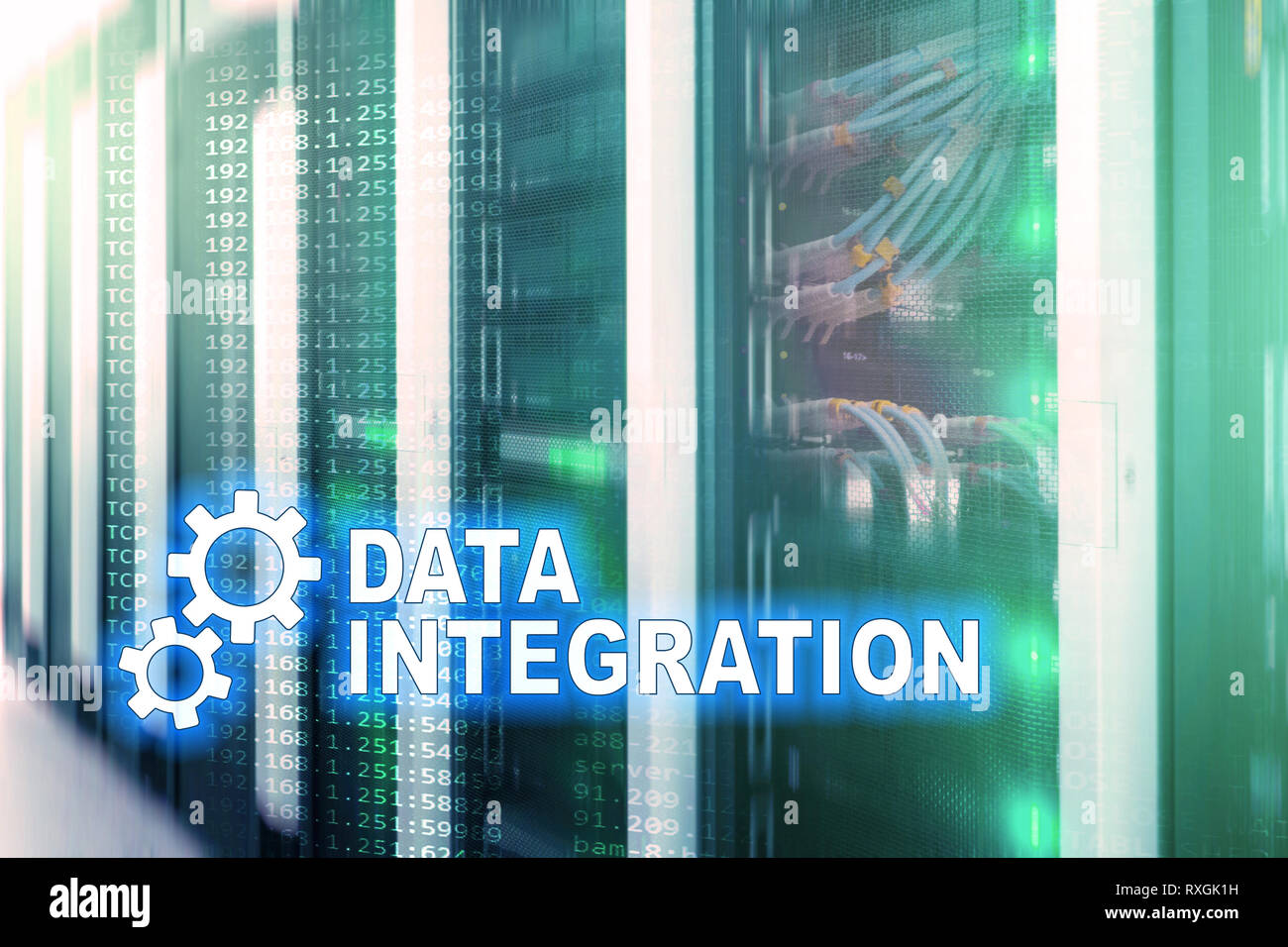 Data integration information technology concept on server room ...