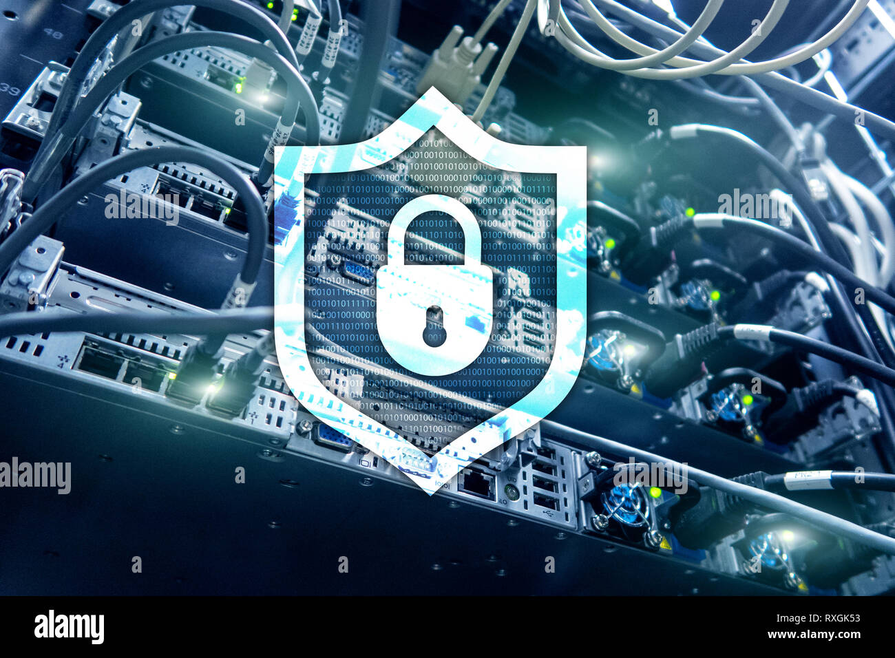 Cyber protection shield icon on server room background. Information ...