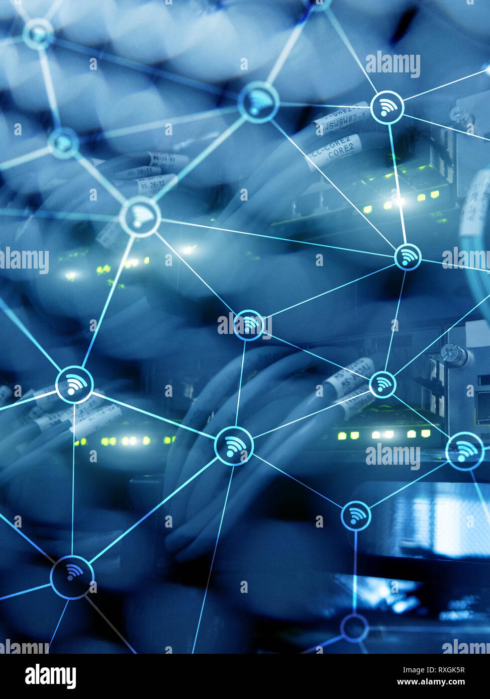 Wi fi network abstract structure on modern server room background Stock ...