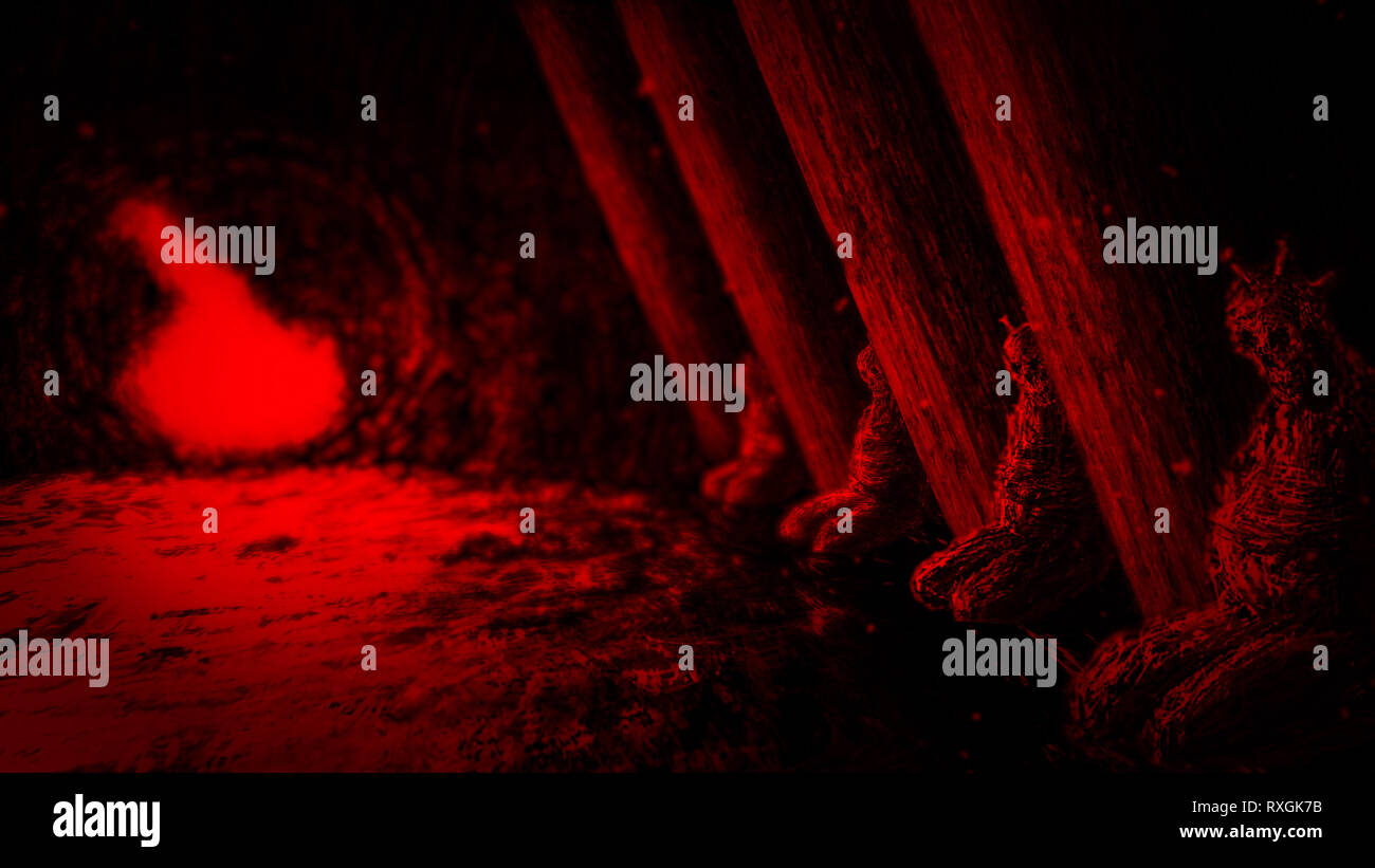 Mummies of entrance forgotten temple. Horror genre. Red background ...