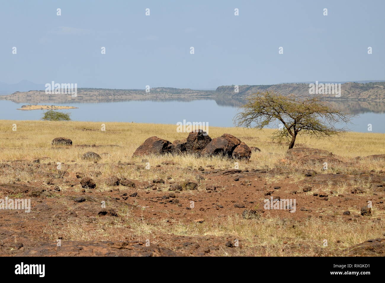 Lake against an arid landscape, Lake Magadi, Kenya Stock Photo - Alamy