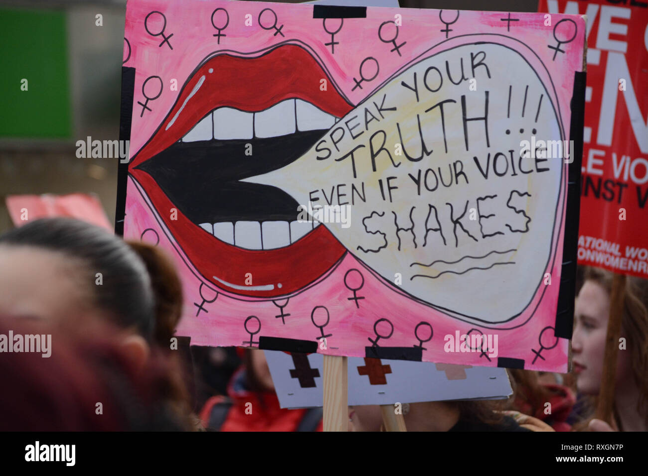 London, UK. 9th March 2019. womans march . banners posters and phand ...